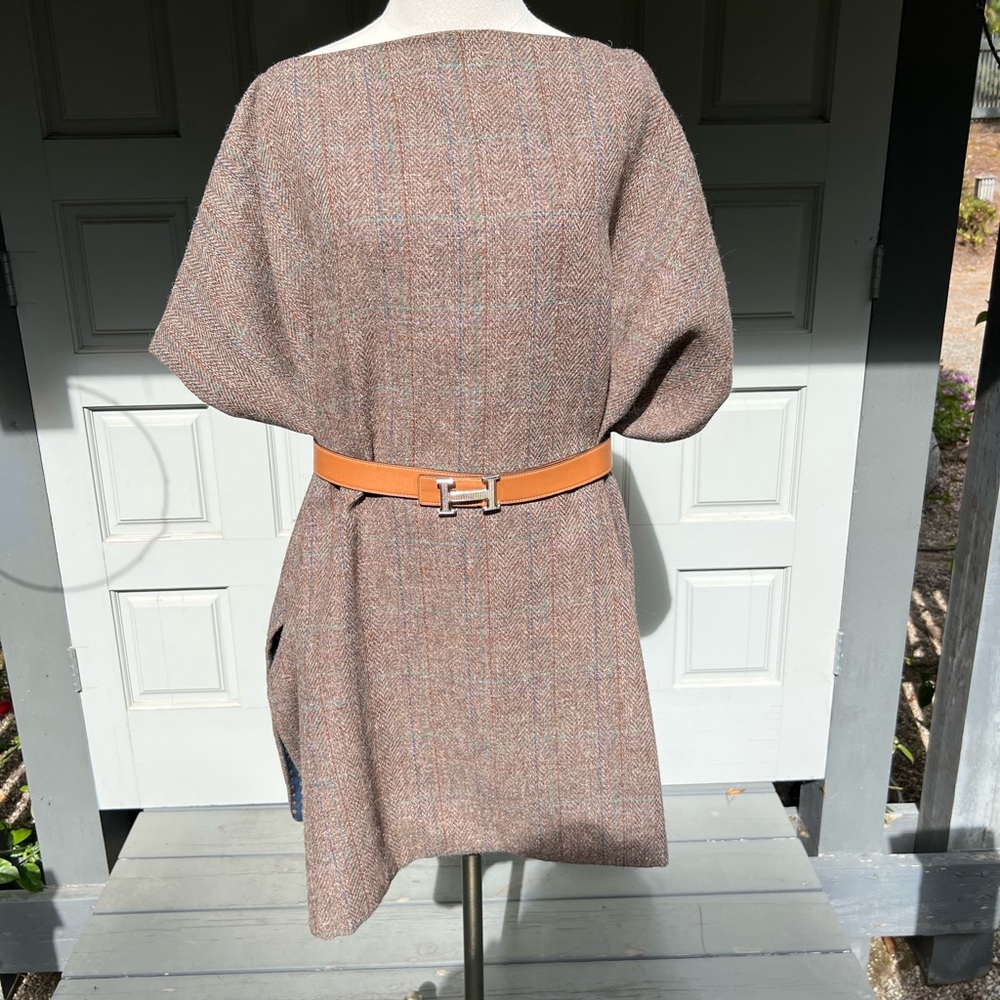 Chic Wool Poncho Cape Reversible Blue Patterned Brown… - Gem